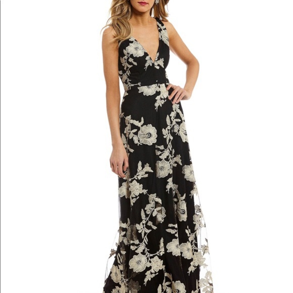 Black And Gold Floral Prom Dress - Gem